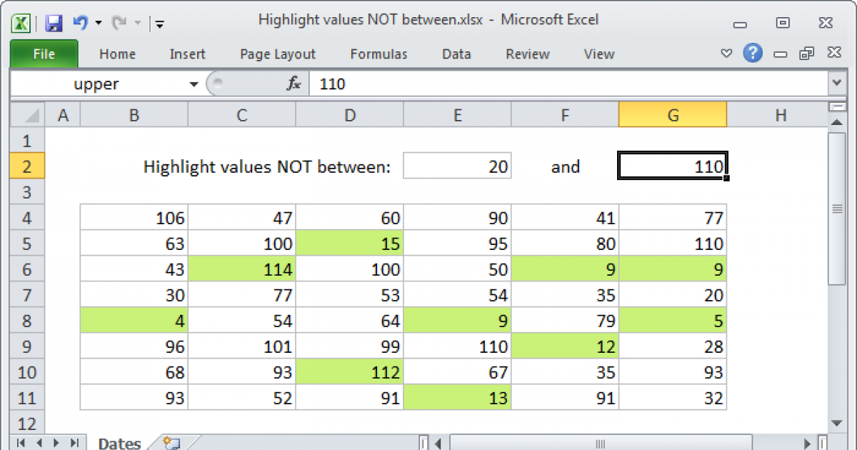 Highlight Values Not Between X And Y Excel Formula Exceljet